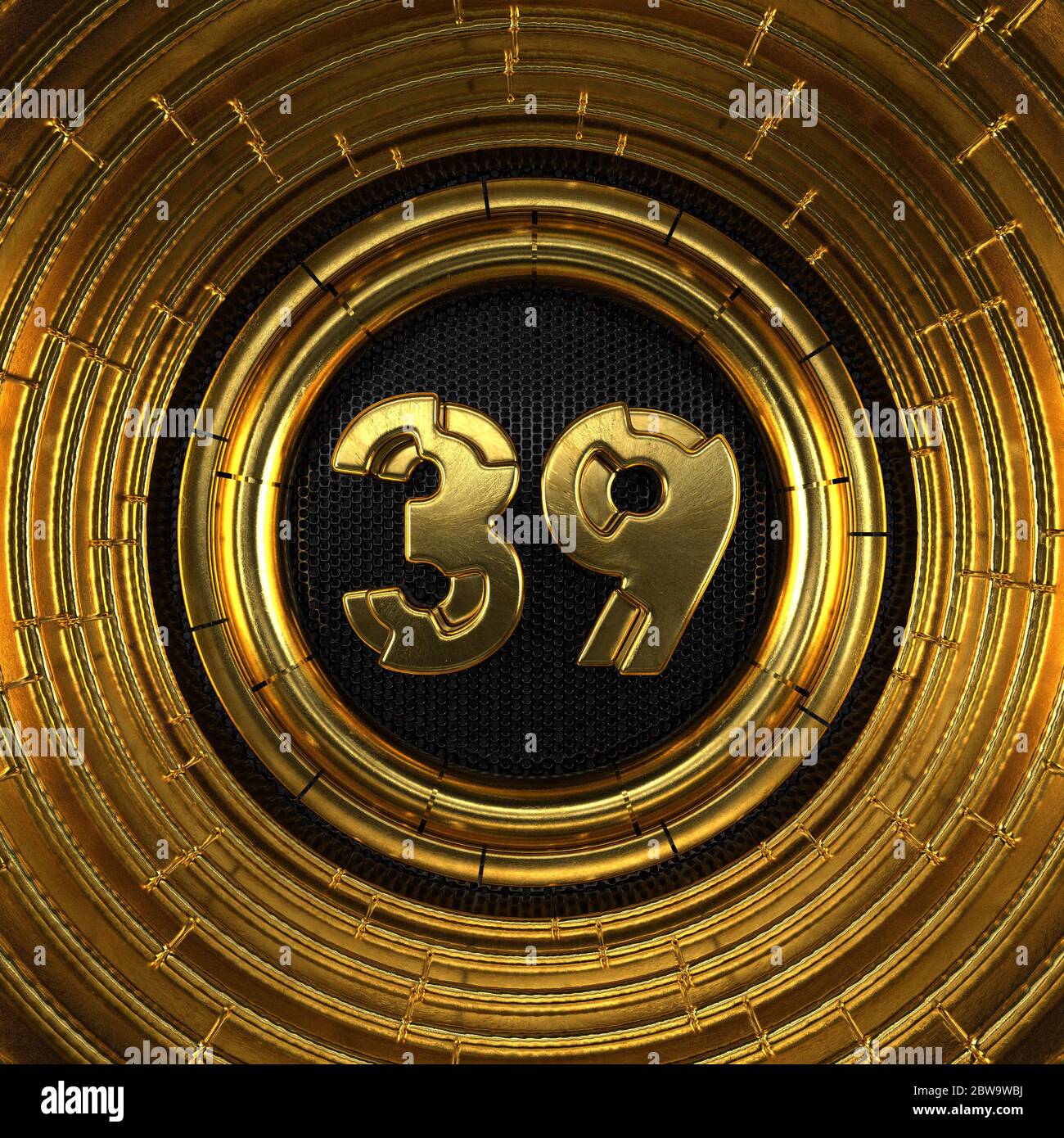 Gold number 39 (number thirty-nine) with perforated black metal ...