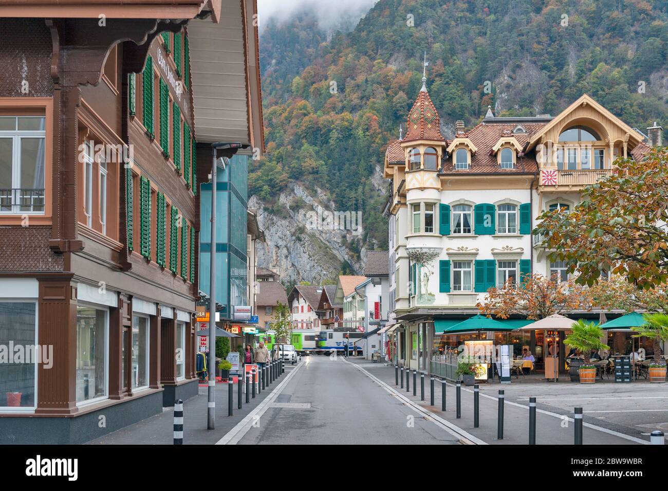 Interlaken, Switzerland - October 2019: Old European buildings located ...