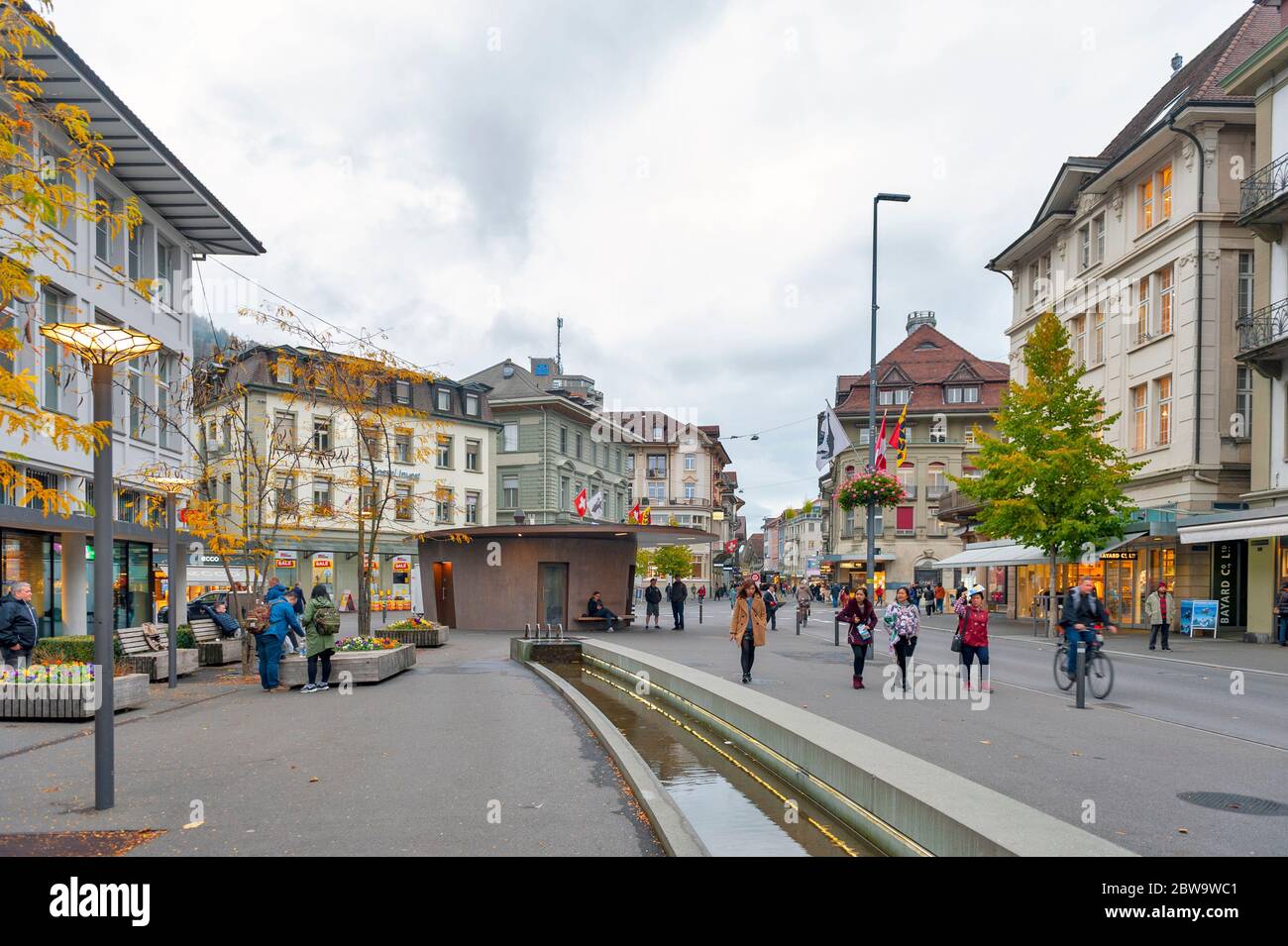 Interlaken, Switzerland - October 2019: Old European buildings located ...