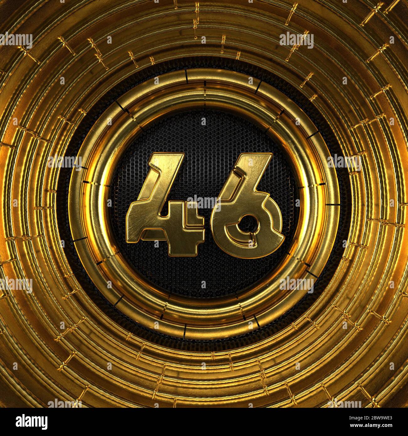 Gold number 46 (number forty-six) with perforated black metal ...