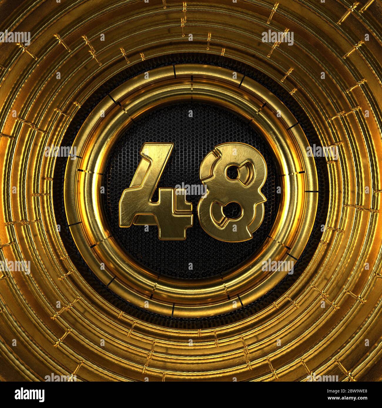 Gold number 48 (number forty-eight) with perforated black metal ...
