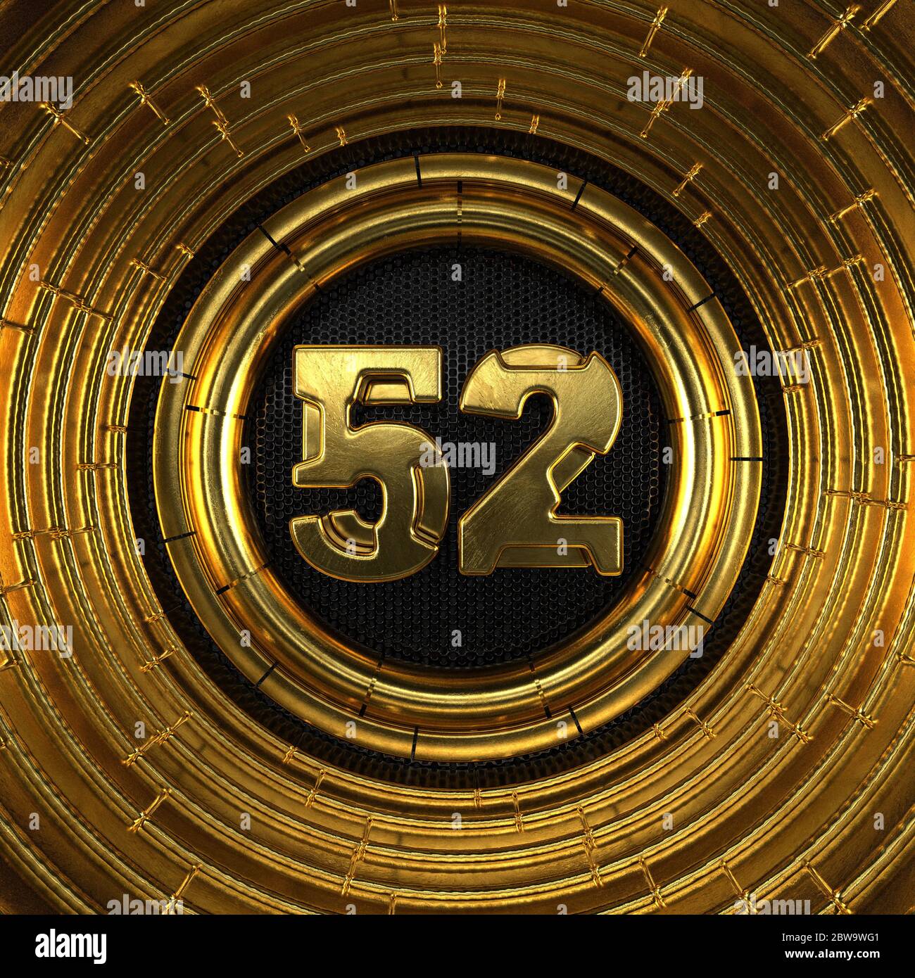 Gold number 52 (number fifty-two) with perforated black metal ...