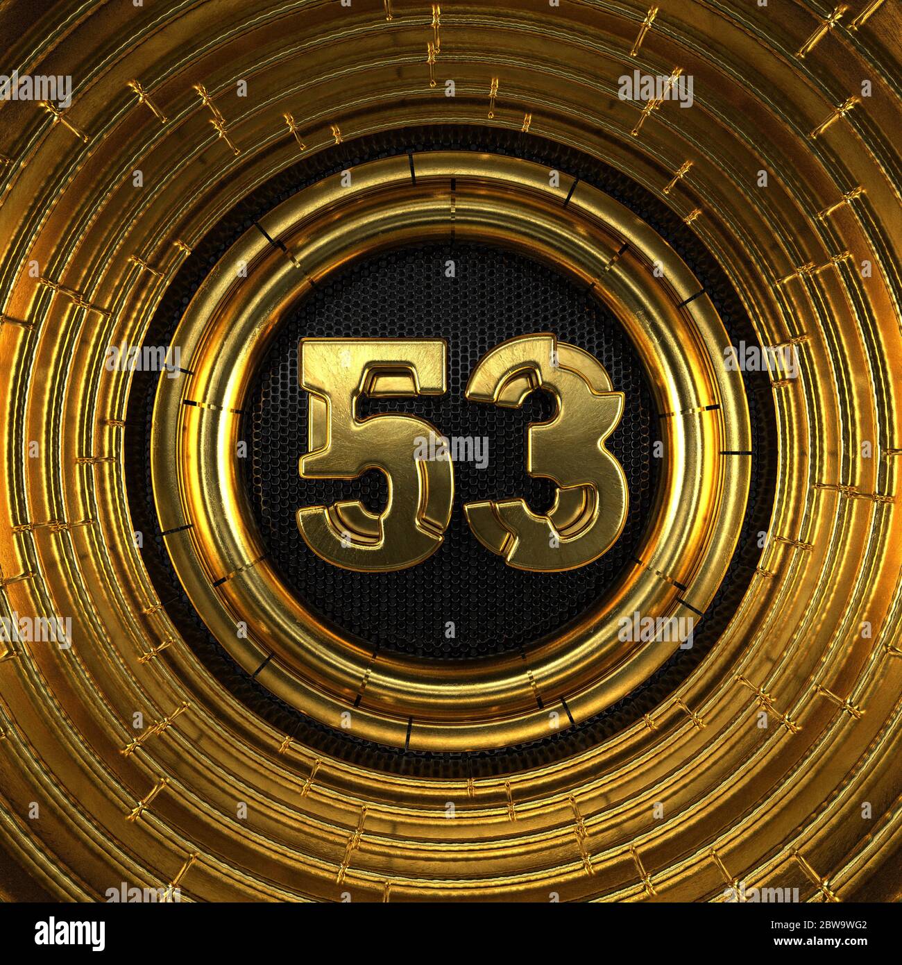 Gold number 53 (number fifty-three) with perforated black metal background and gold rings around ...