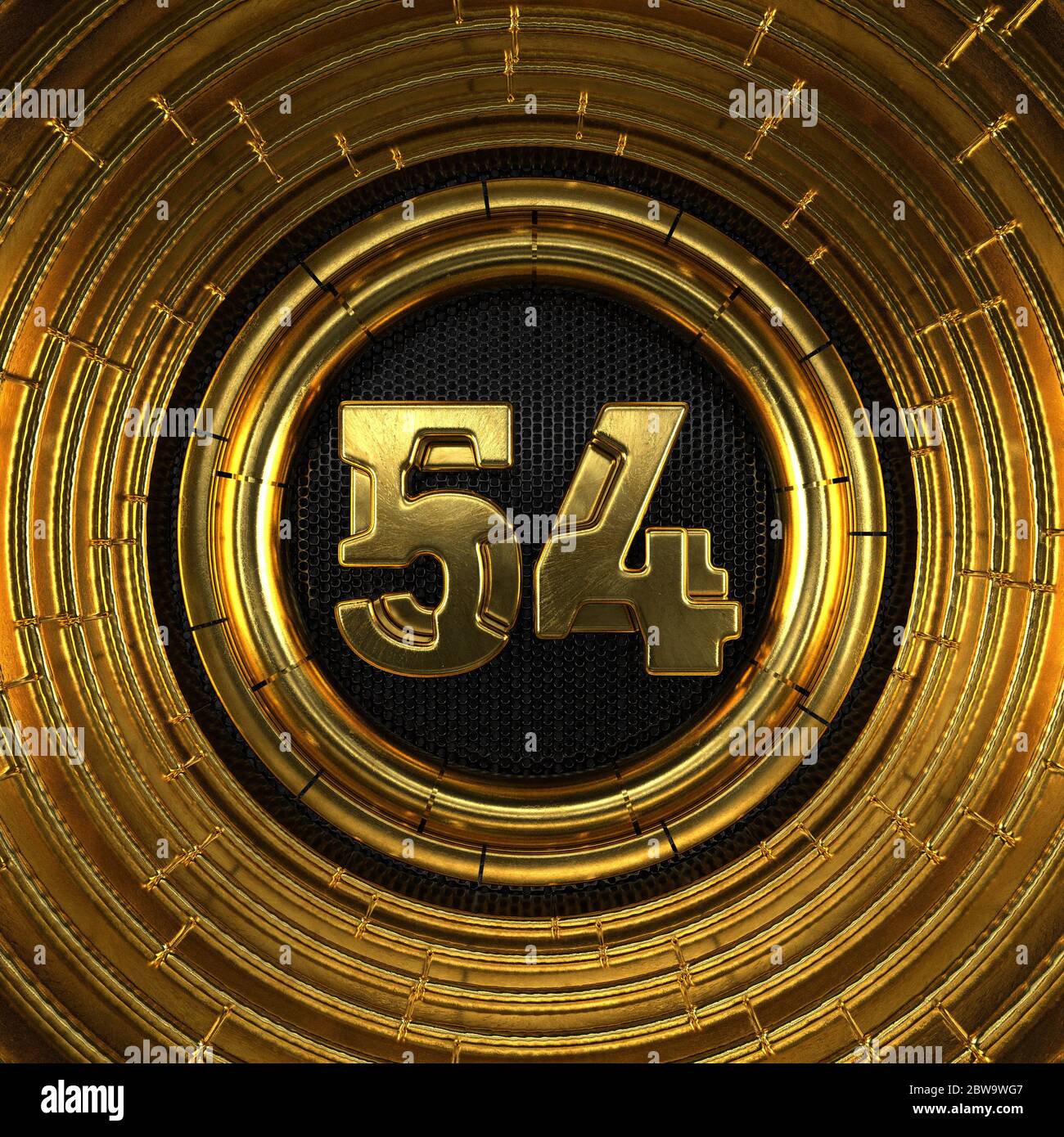 Gold number 54 (number fifty-four) with perforated black metal ...