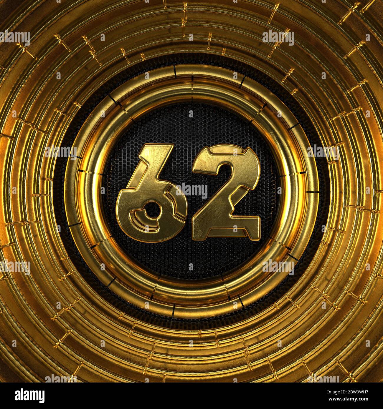 Gold number 62 (number sixty-two) with perforated black metal ...