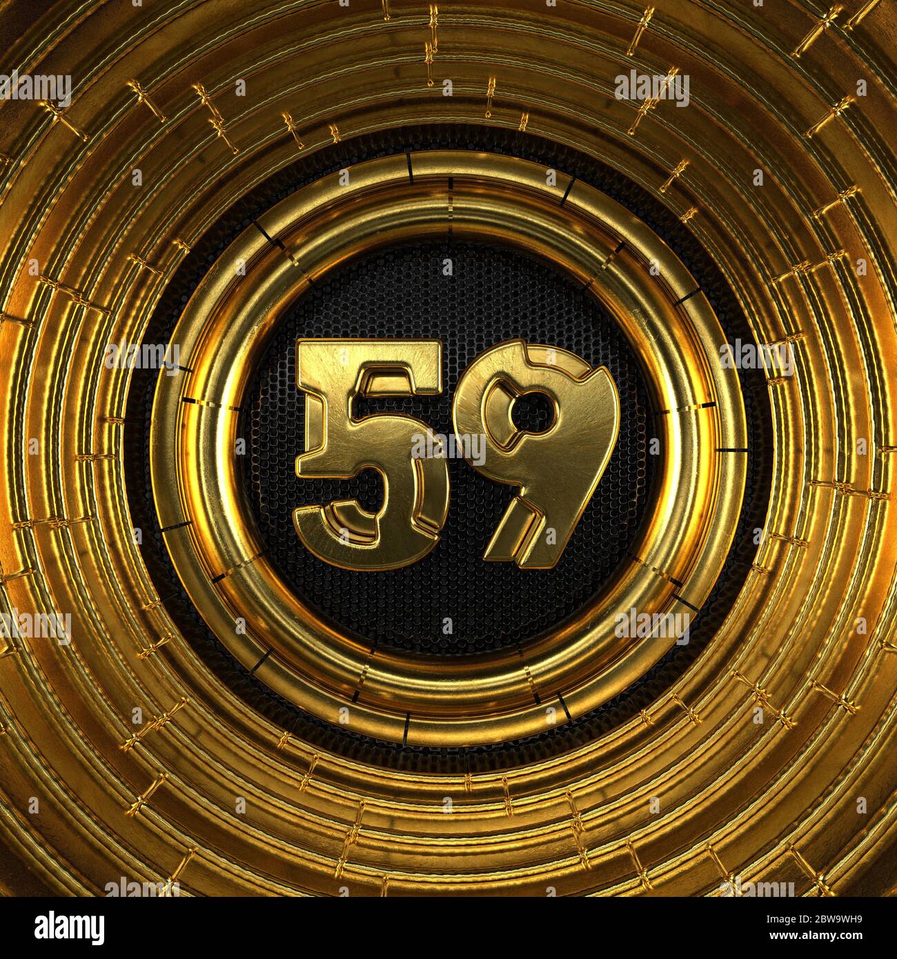 Gold number 59 (number fifty-nine) with perforated black metal ...