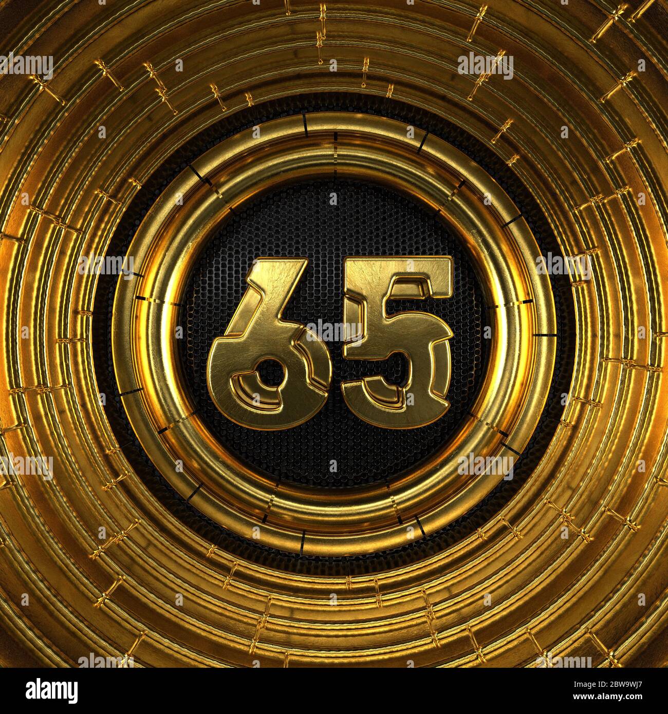 Gold number 65 (number sixty-five) with perforated black metal ...