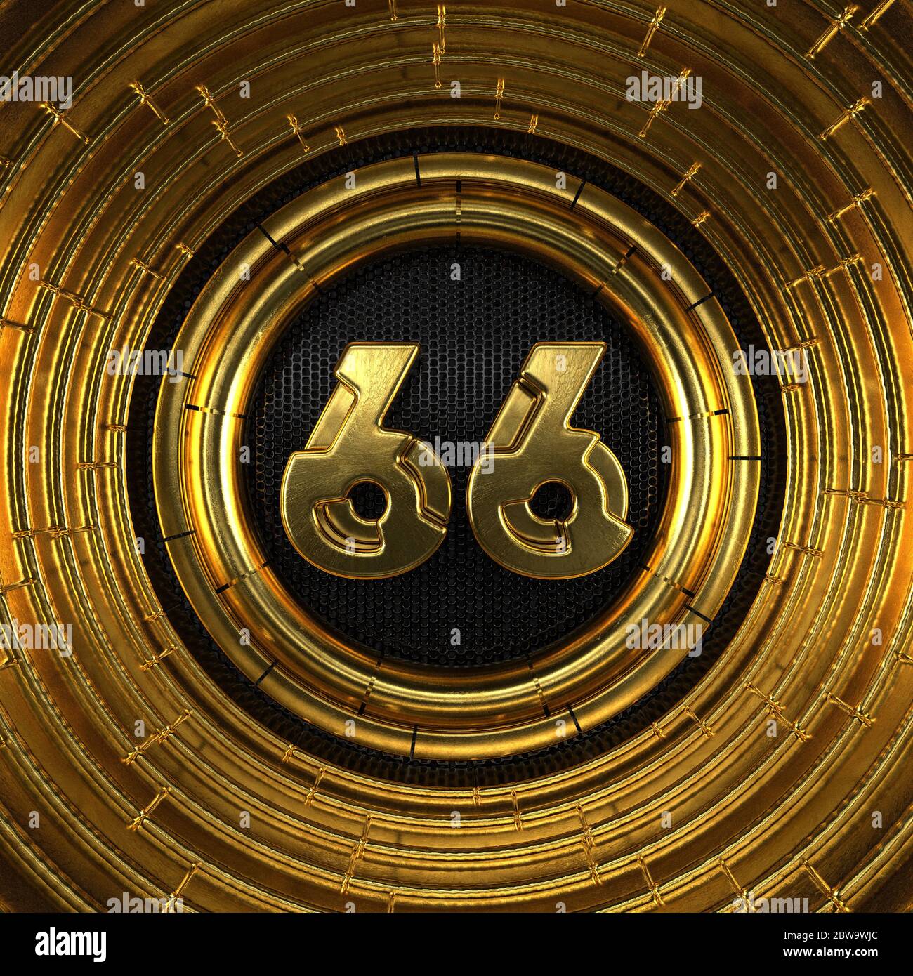 Gold number 66 (number sixty-six) with perforated black metal ...