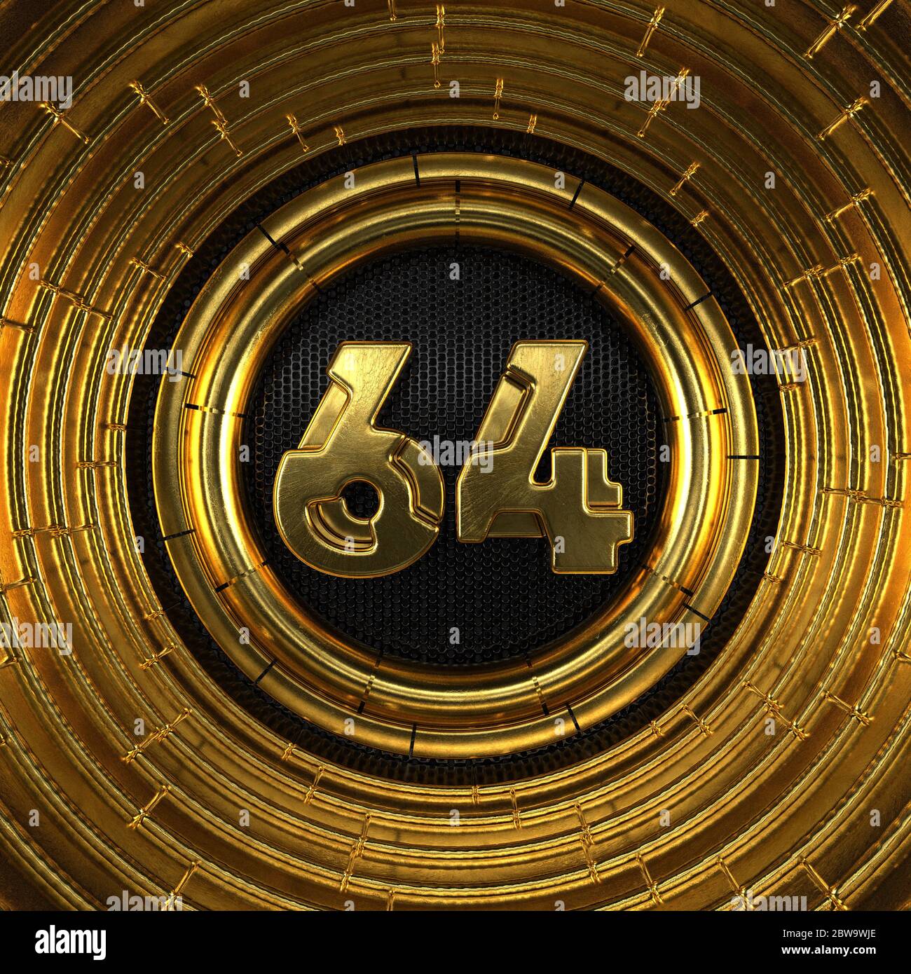 Gold number 64 (number sixty-four) with perforated black metal ...