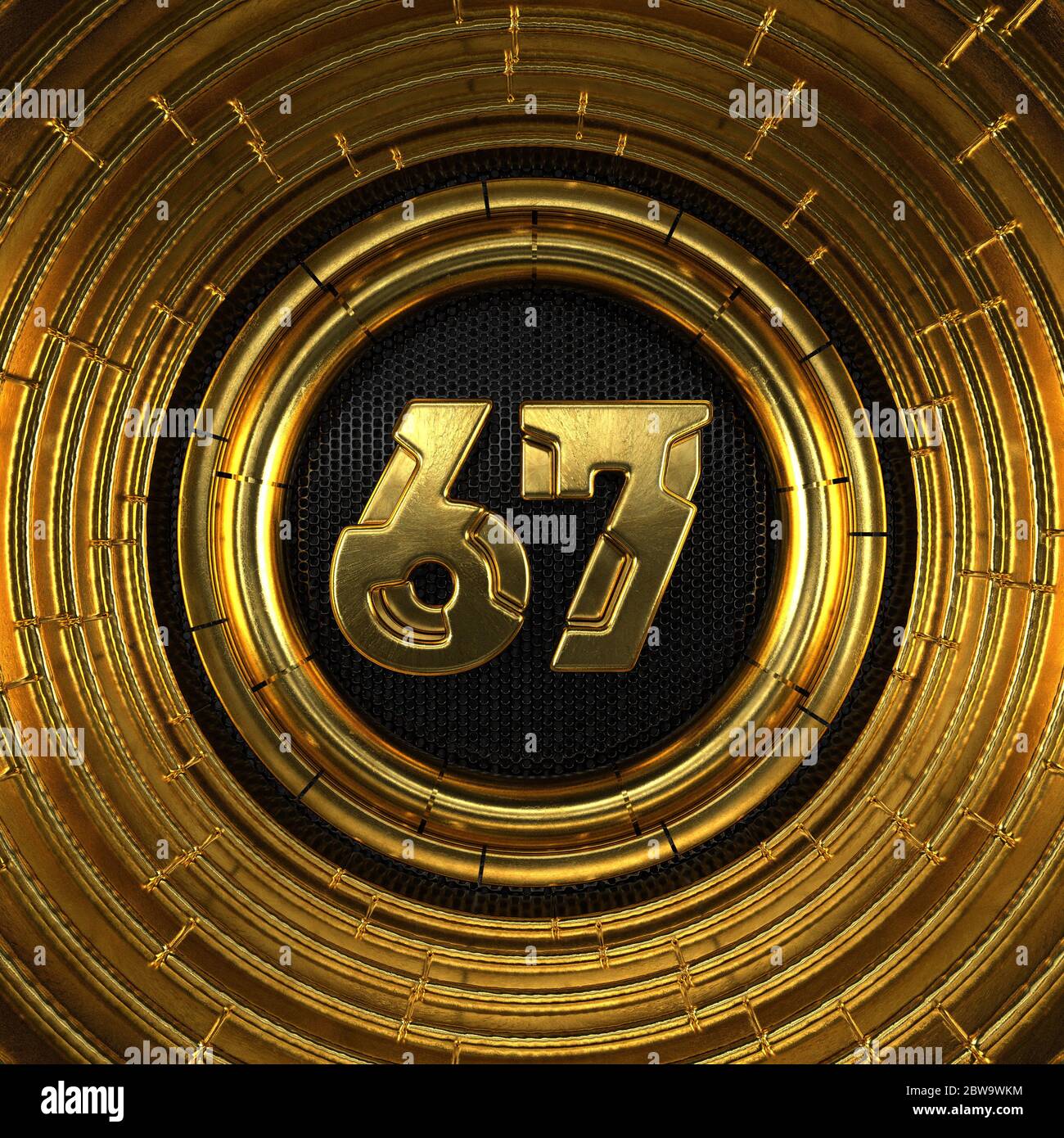 Gold number 67 (number sixty-seven) with perforated black metal ...