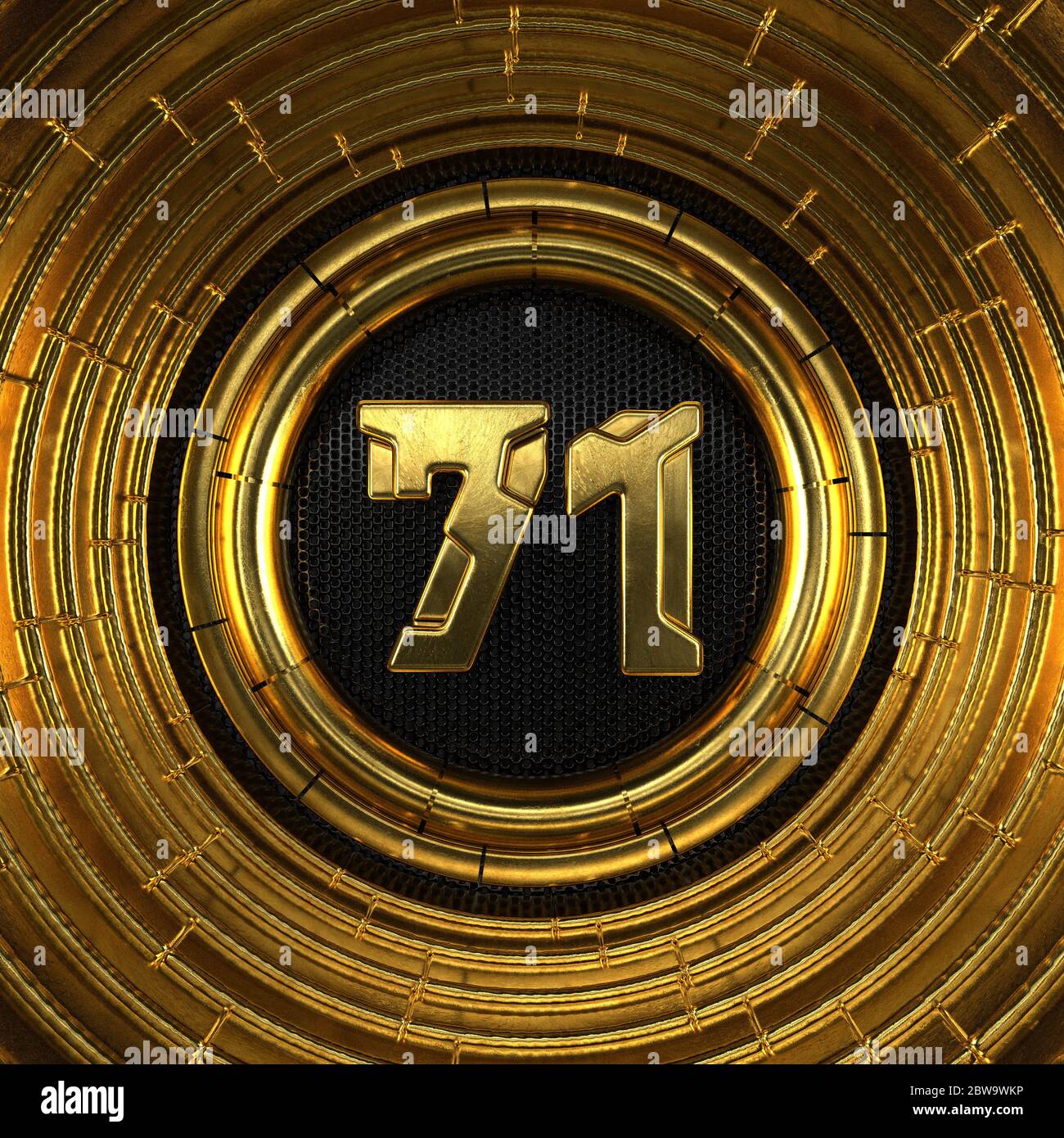 Gold number 71 (number seventy-one) with perforated black metal ...