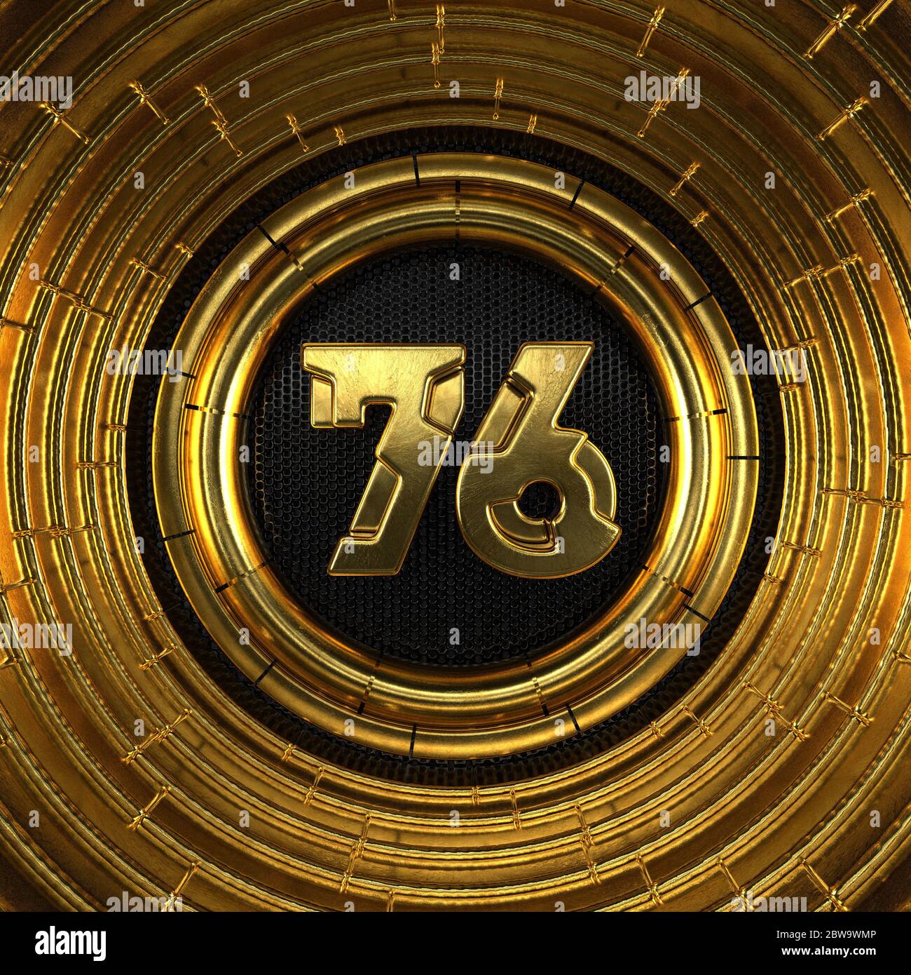 Gold number 76 (number seventy-six) with perforated black metal ...