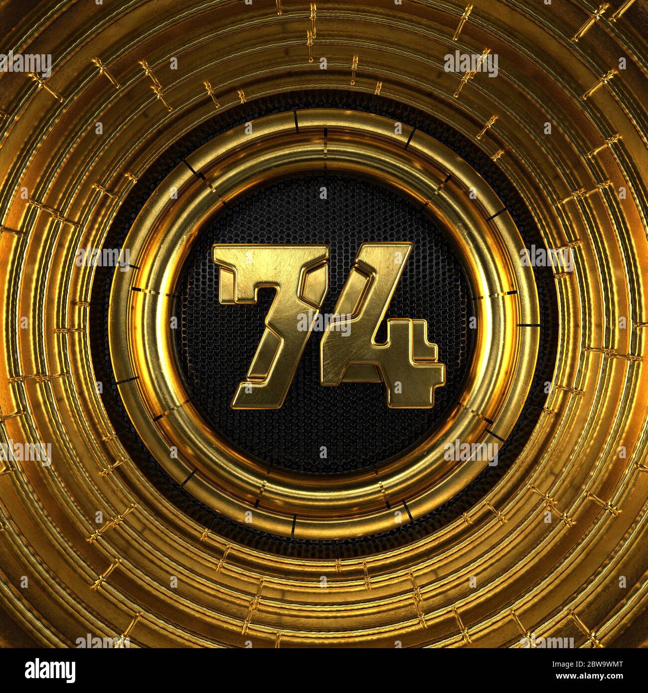 Gold number 74 (number seventy-four) with perforated black metal ...