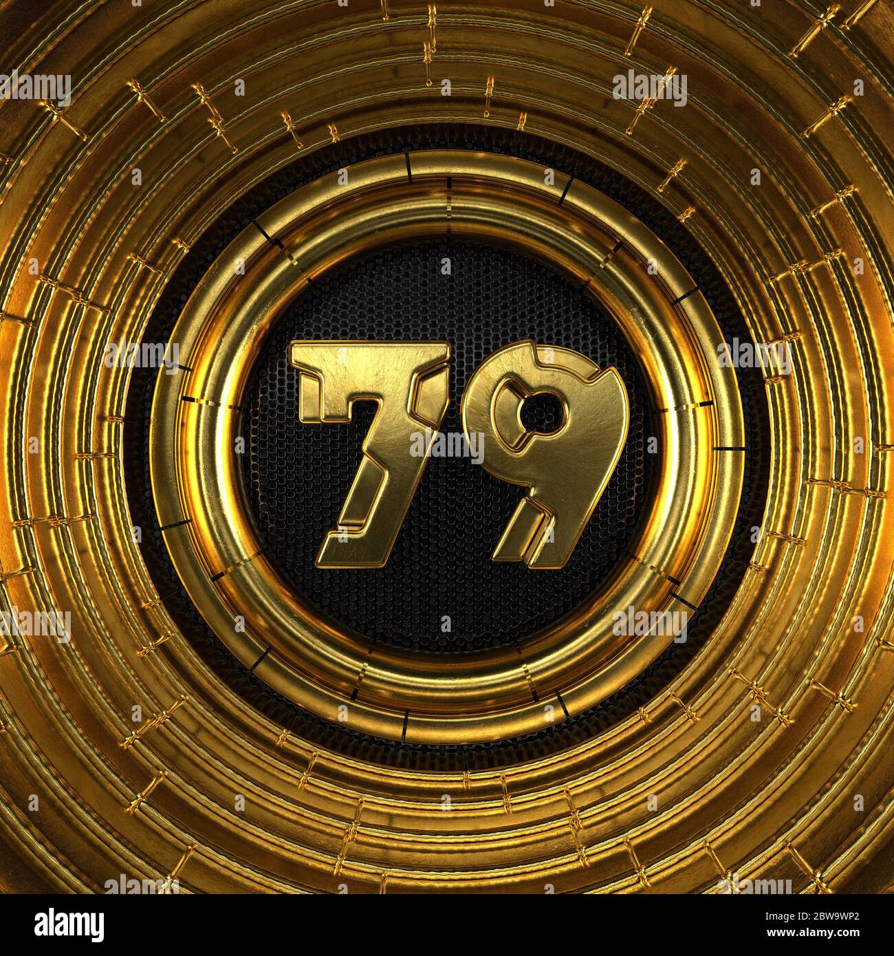 Gold number 79 (number seventy-nine) with perforated black metal ...
