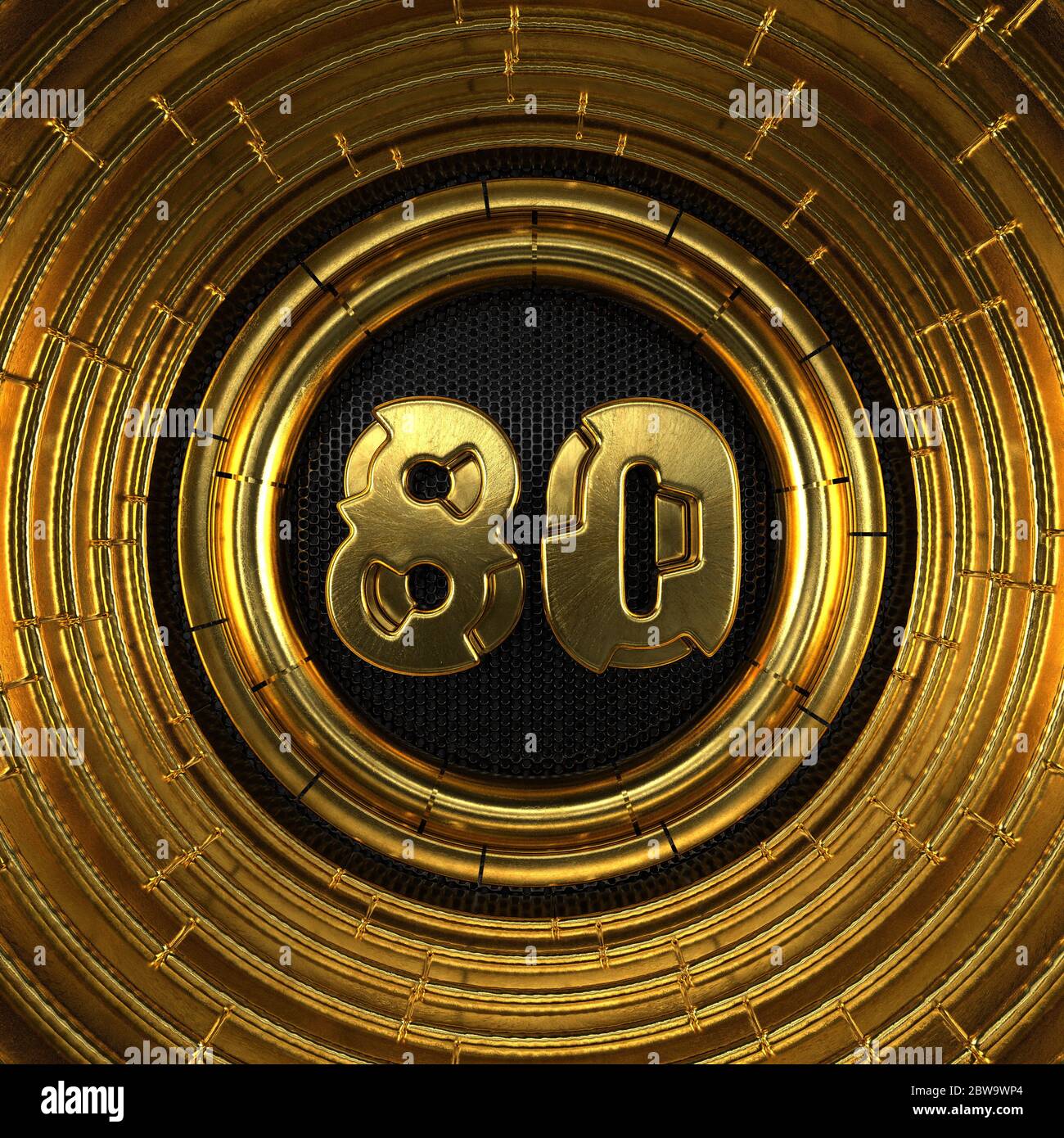 Gold number 80 (number eighty) with perforated black metal background ...
