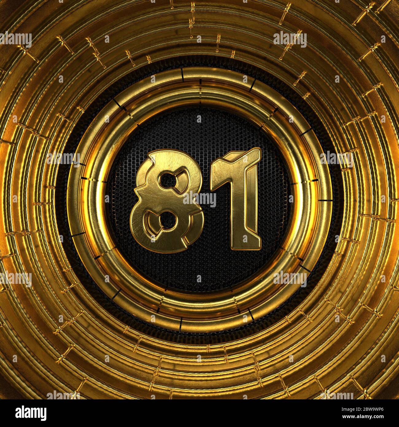 Gold number 81 (number eighty-one) with perforated black metal ...