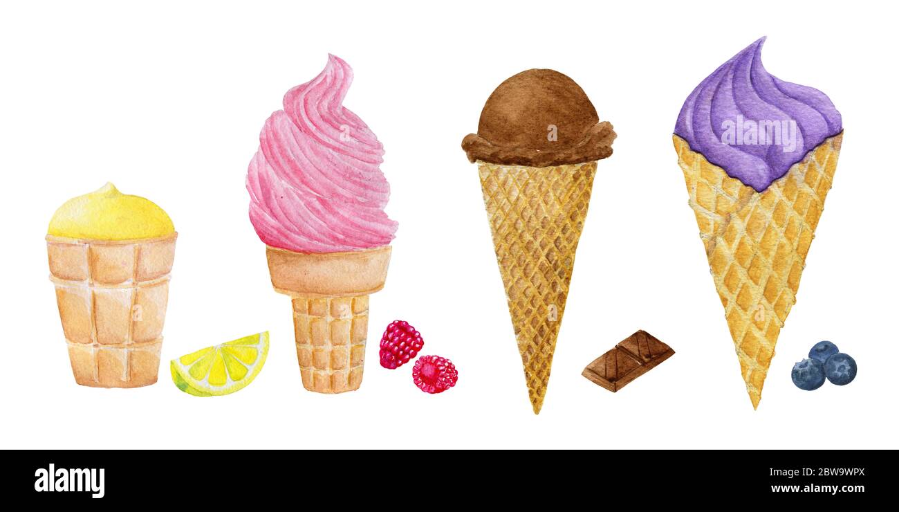 set of watercolor different colored and flavored ice creams in waffle ...