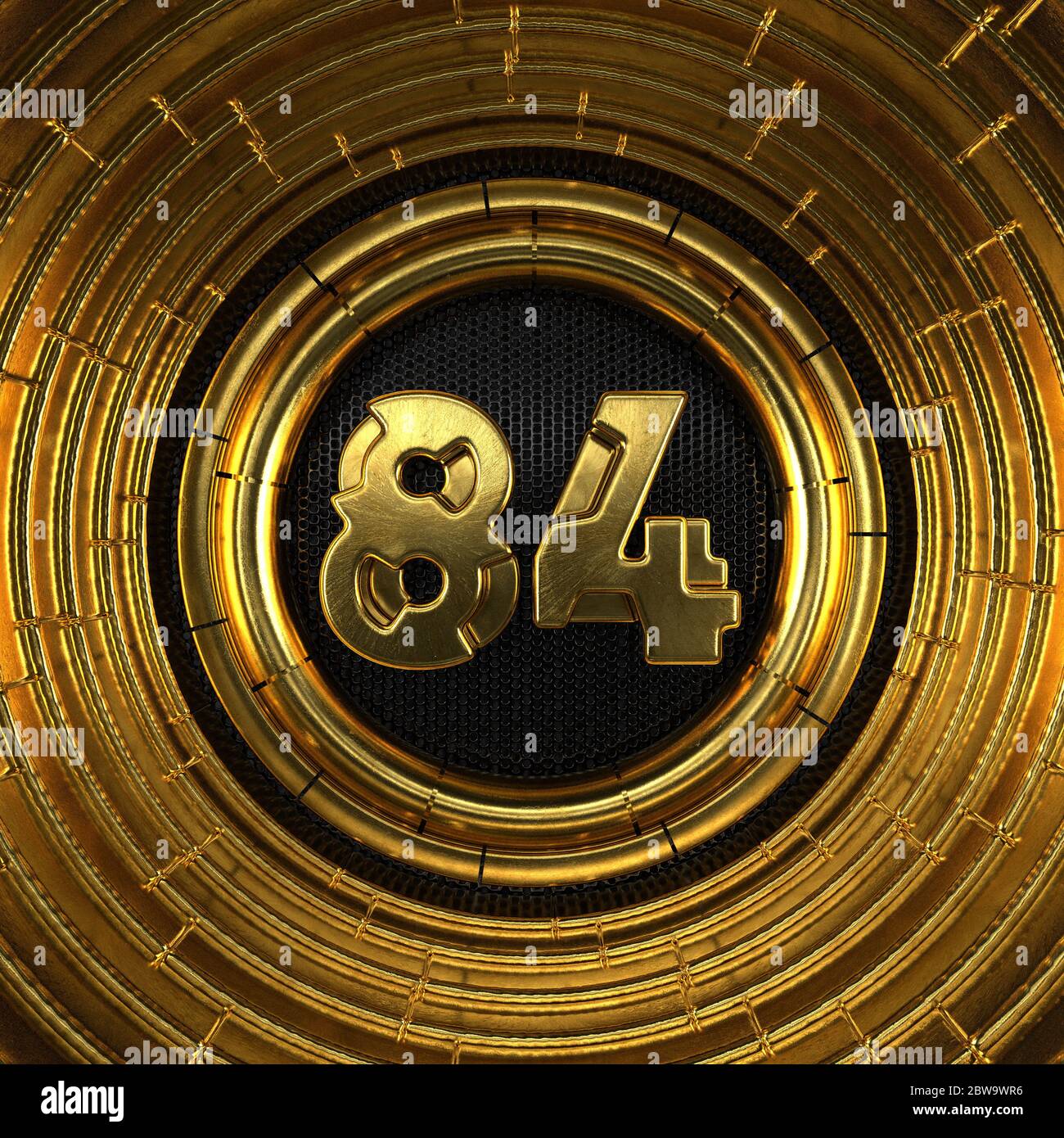 Gold number 84 (number eighty-four) with perforated black metal ...