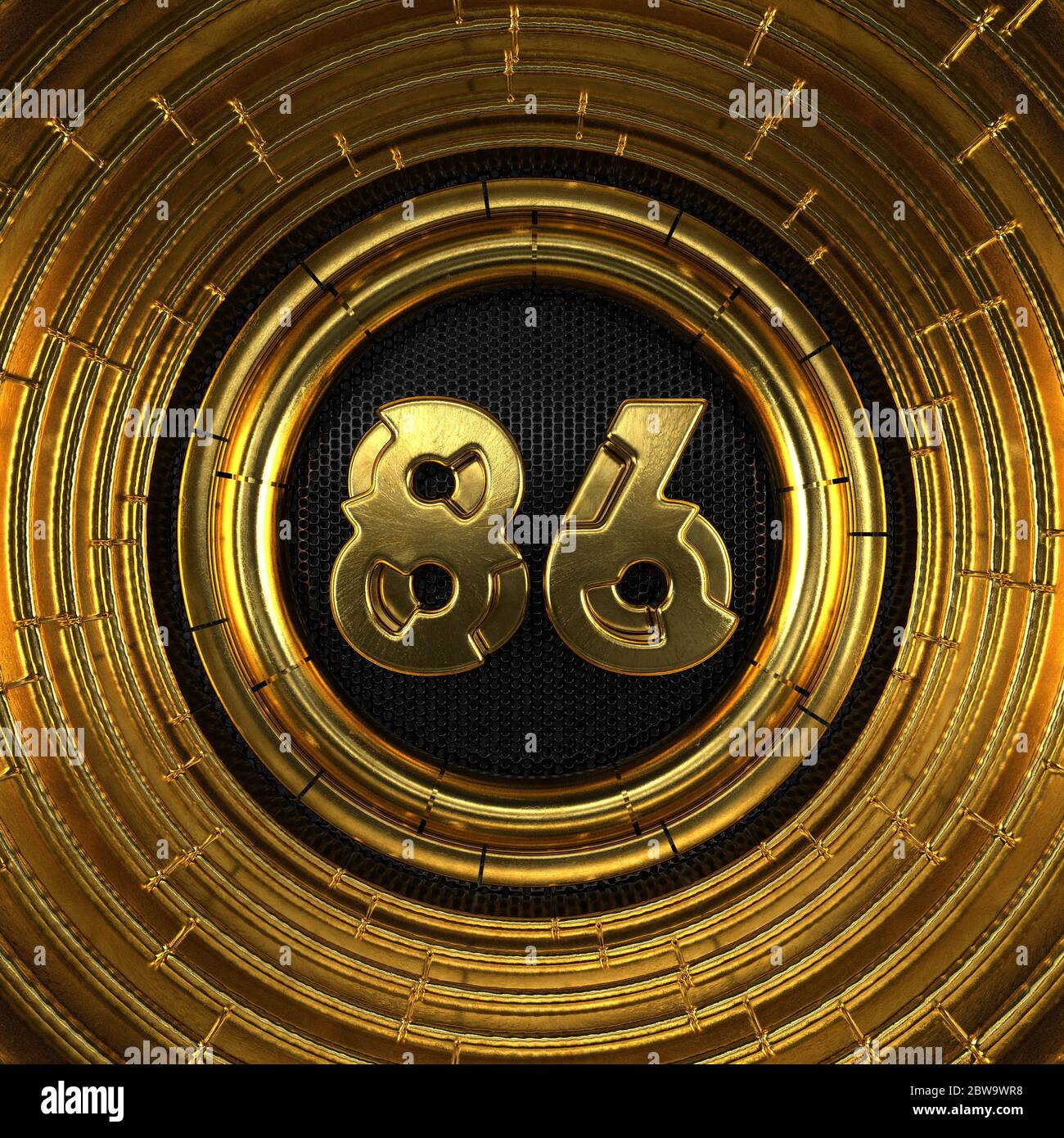 Gold number 86 (number eighty-six) with perforated black metal ...