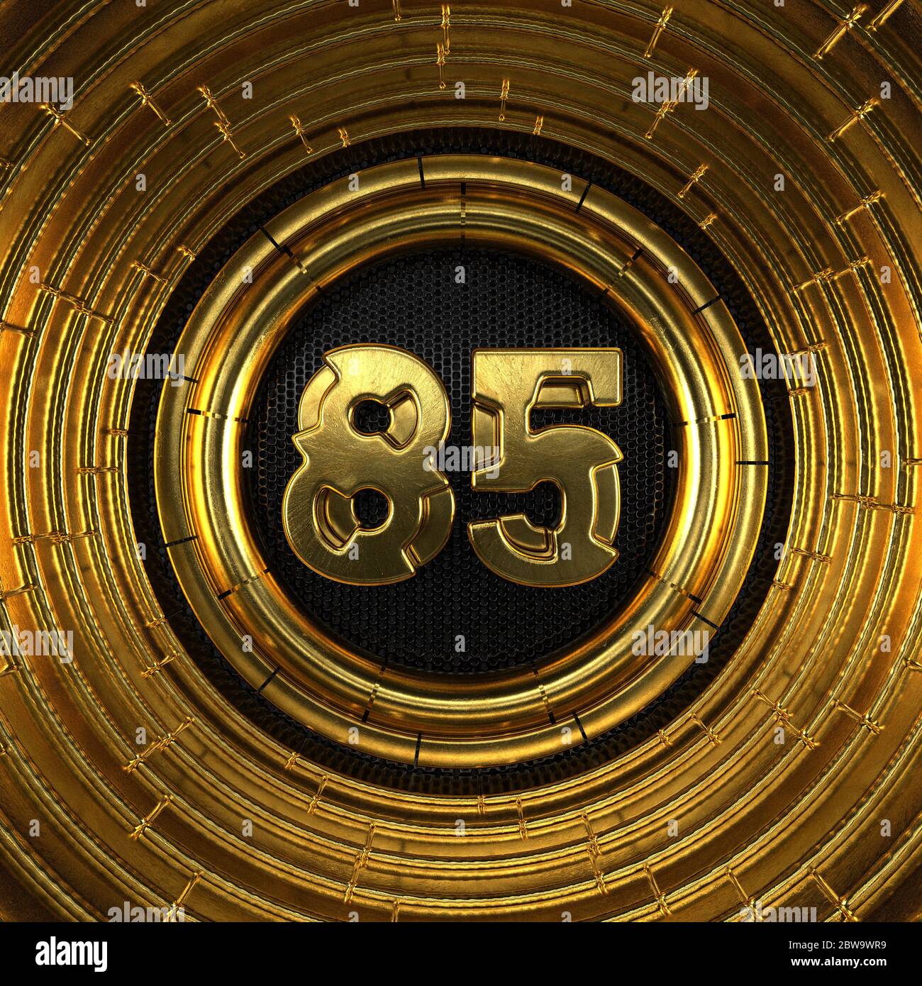 Gold number 85 (number eighty-five) with perforated black metal background and gold rings around ...
