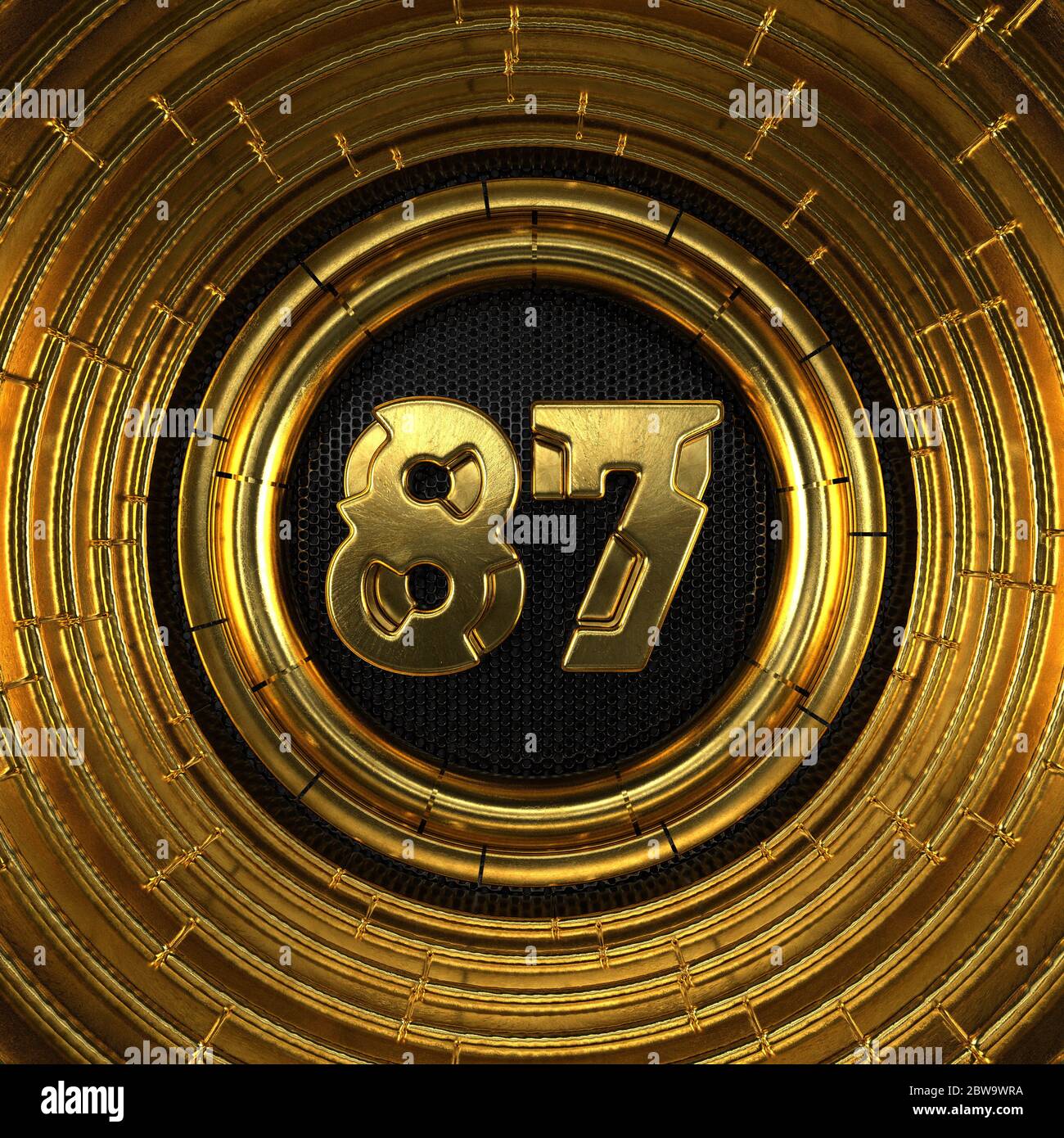 Gold number 87 (number eighty-seven) with perforated black metal background and gold rings ...