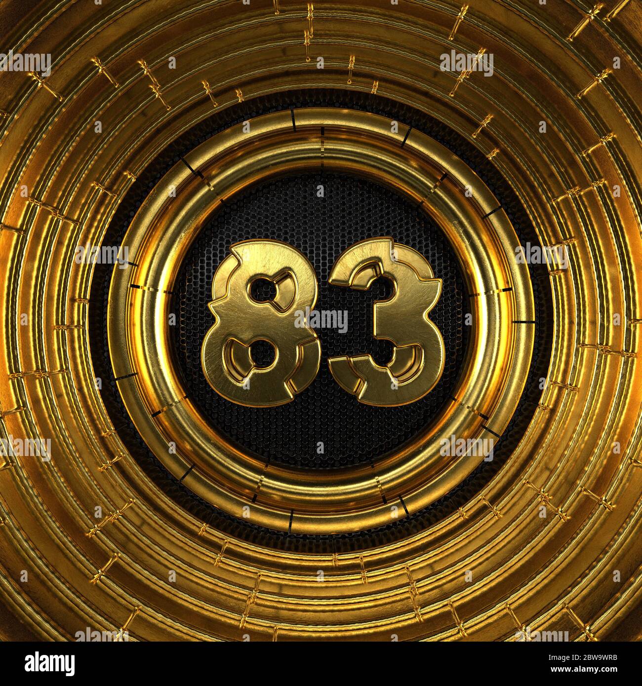 Gold number 83 (number eighty-three) with perforated black metal ...