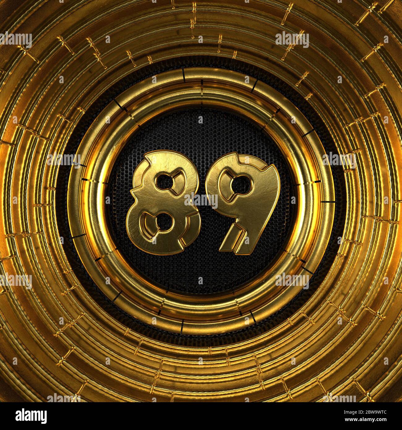 Gold number 89 (number eighty-nine) with perforated black metal background and gold rings around ...