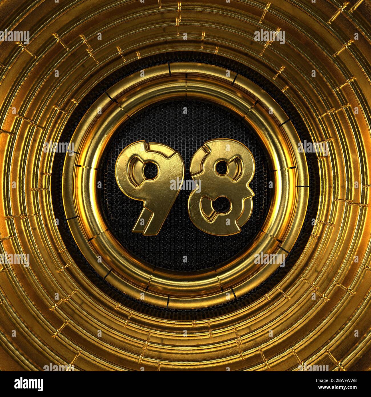Gold number 98 (number ninety-eight) with perforated black metal ...