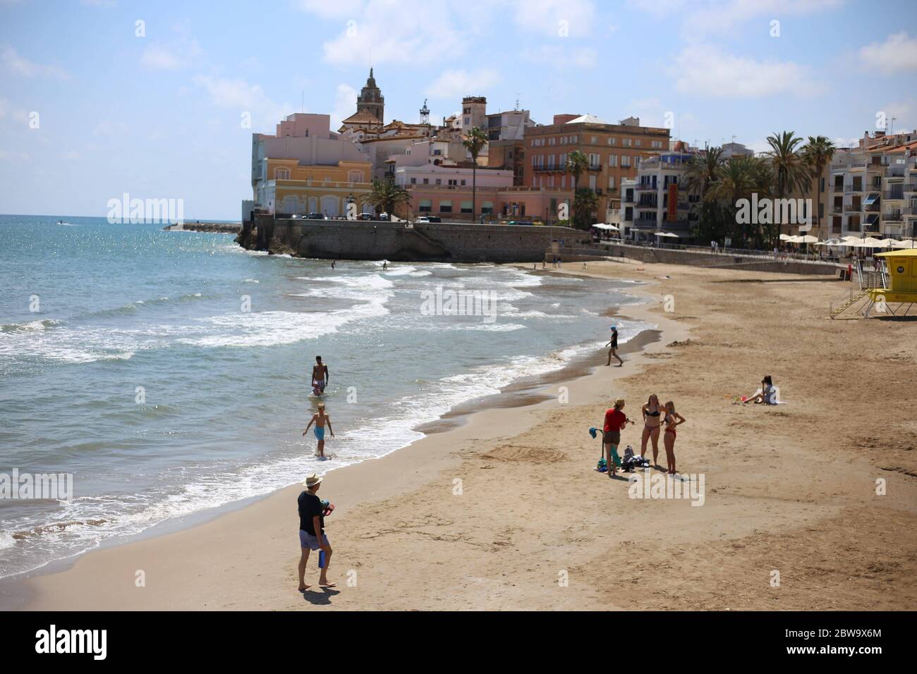 Sitges, Spain. 30th May, 2020. Panoramic view of Sitges and its beaches ...