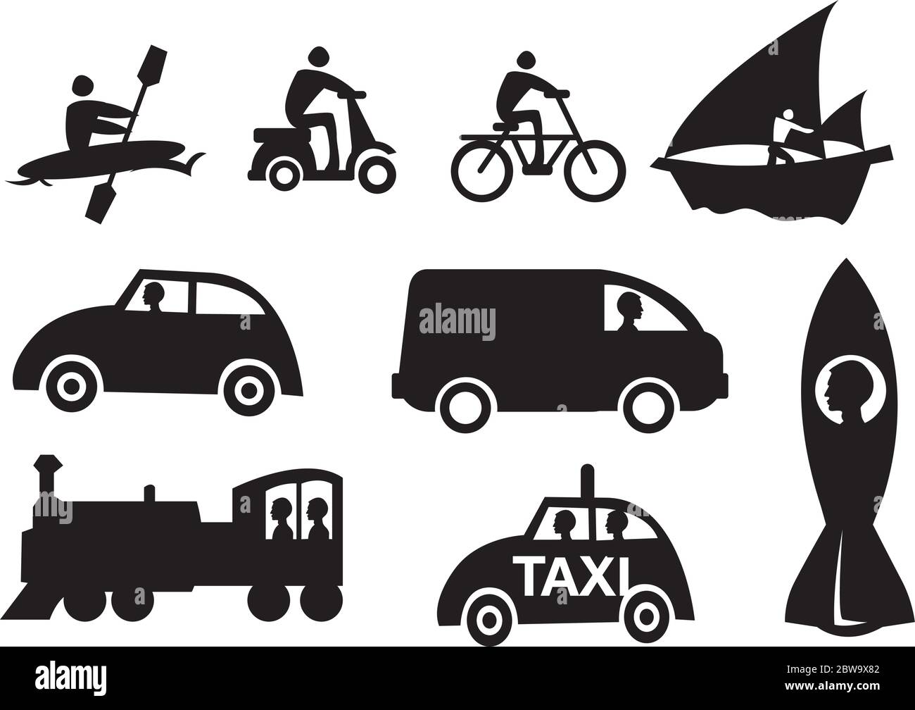 Vector icons of different mode of transportation in black isolated on ...