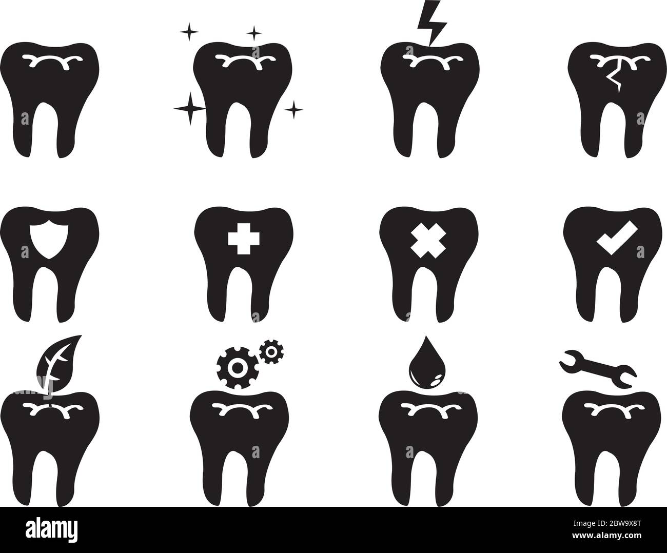 Black and white vector icon set of conceptual symbols on tooth isolated ...