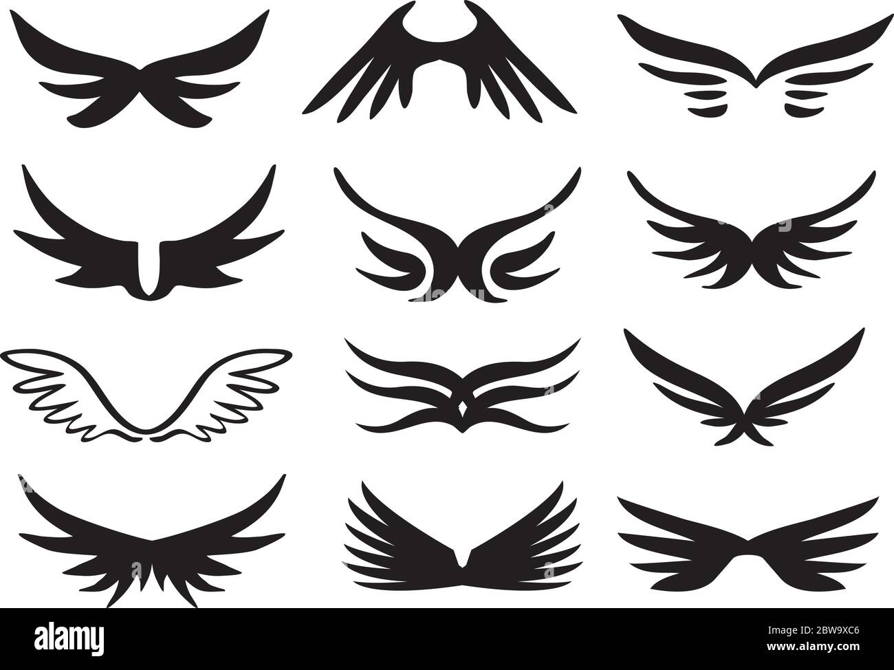 Wings in different designs. Vector illustration in black isolated on ...
