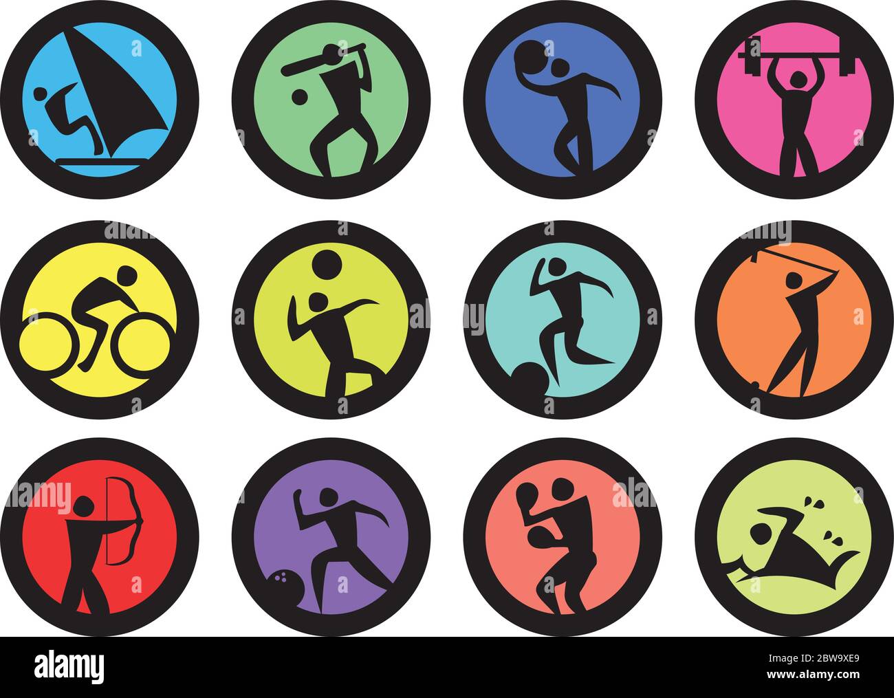 Round badges with people doing sports and recreation activities design ...