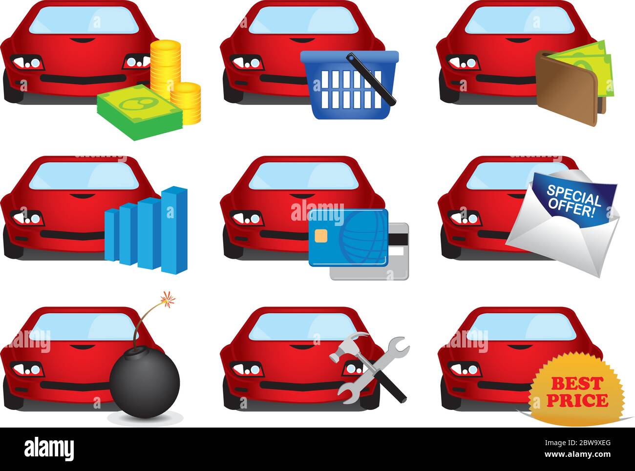 Vector illustration of bright red car with business symbols for ...