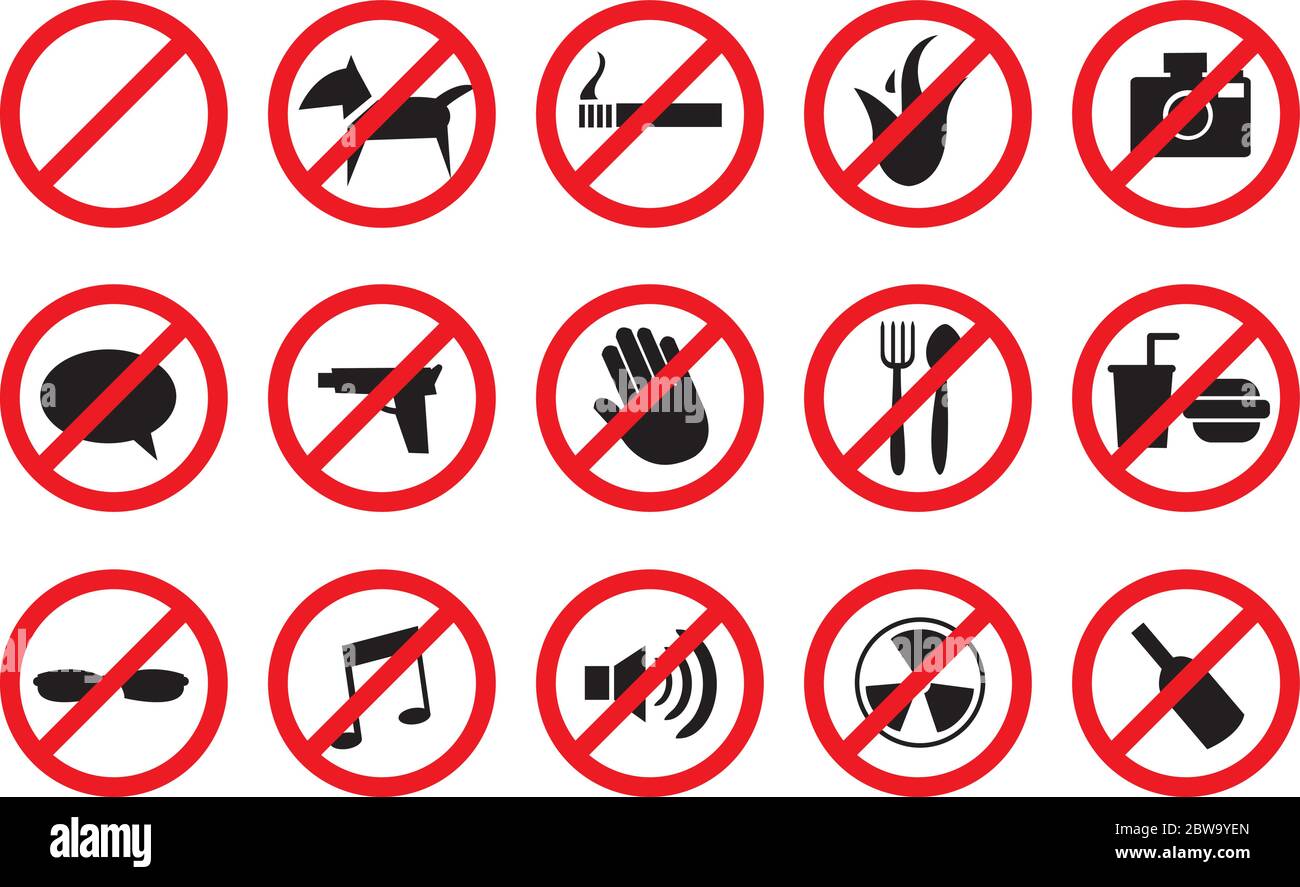Vector illustration of "No" signs for different prohibited activities ...