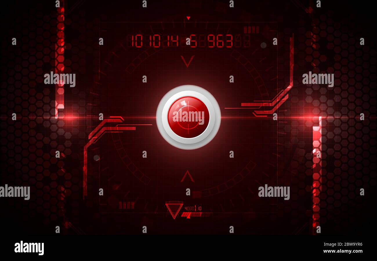 Realistic red circle game button on abstract technology background ...