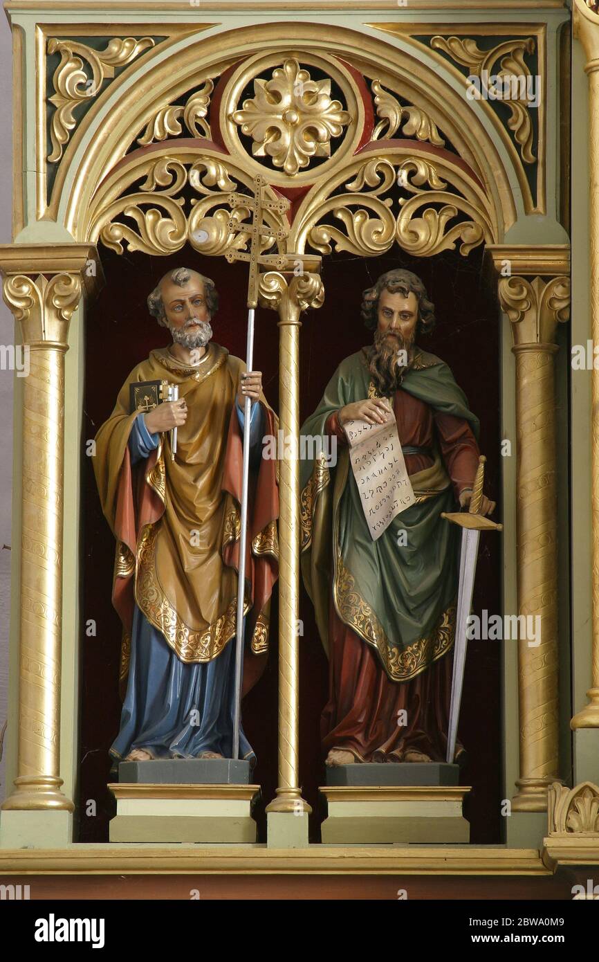 St. Peter and Paul statues on the main altar at St. Stephen's Church The Protomartyr in Stefanje ...