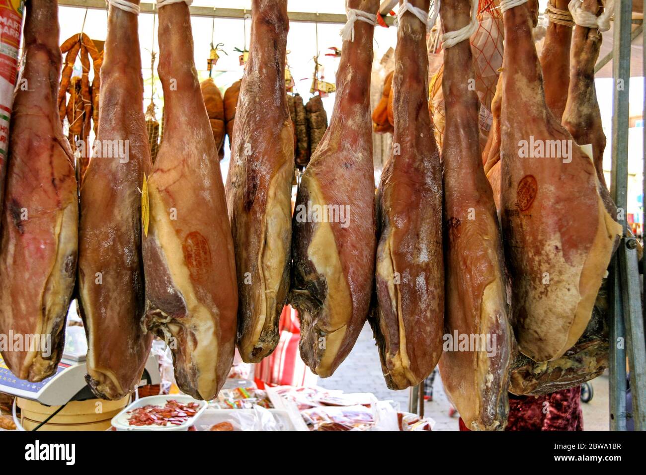Typical Majorcan food, sausage and ham on the market in Alcudia ...