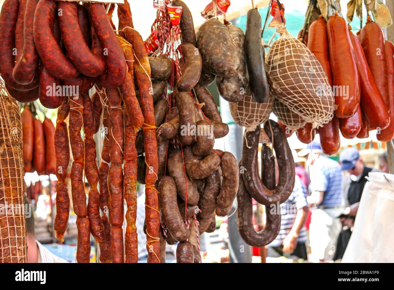 Typical Majorcan food, sausage and ham on the market in Alcudia ...
