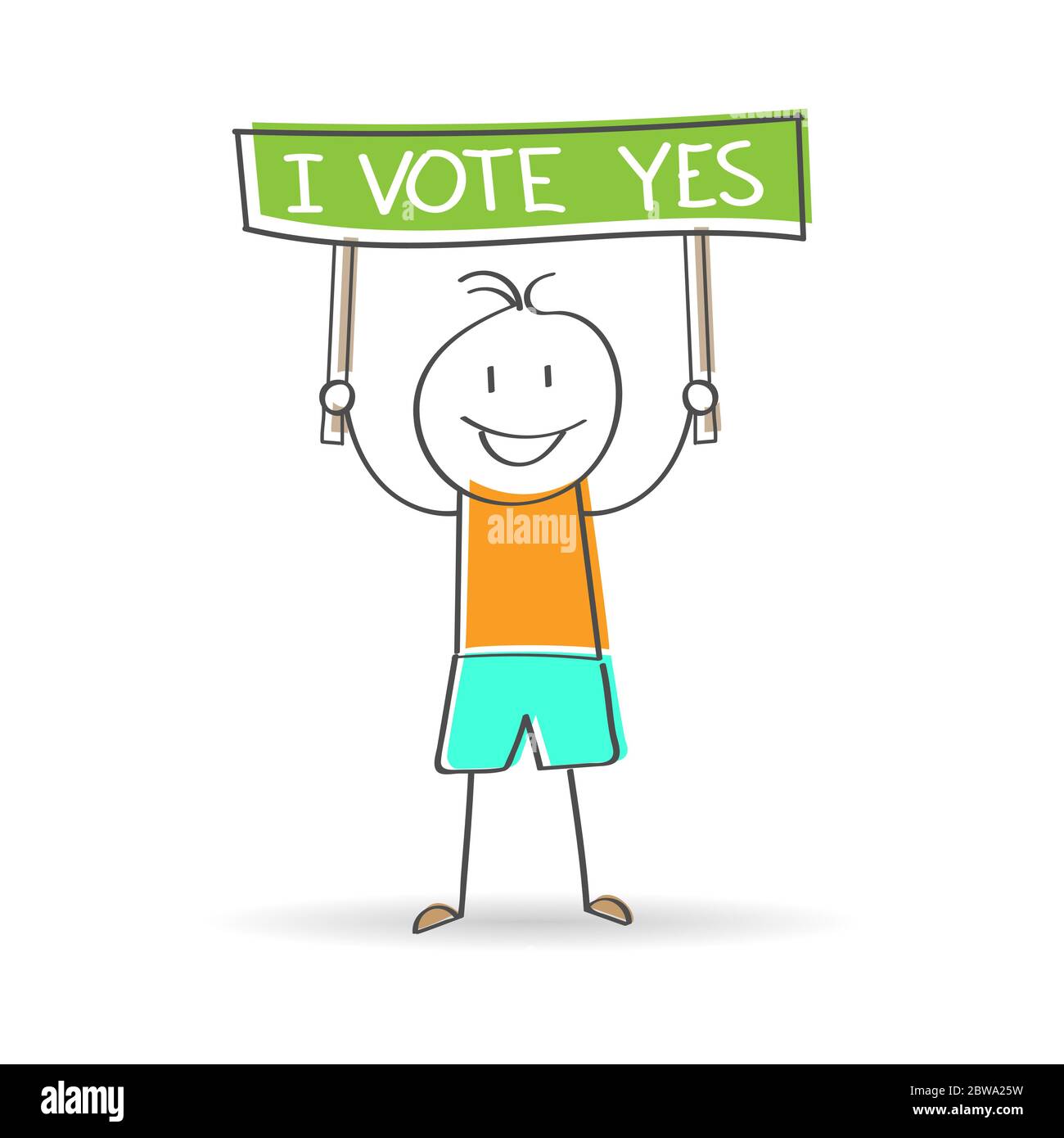 cartoon man holds a sign that reads I VOTE YES. Flat Doodle style for ...