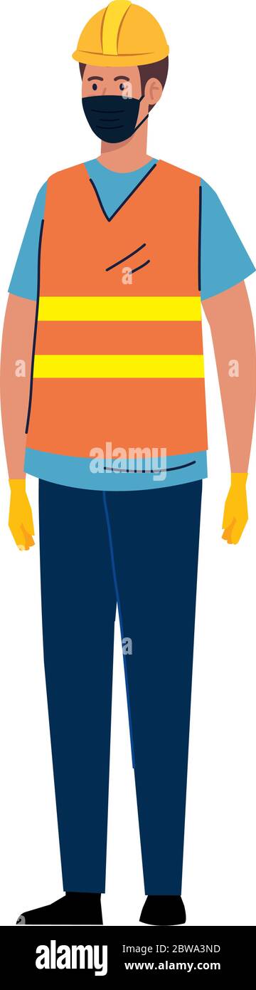 worker construction using face mask during covid 19 on white background ...