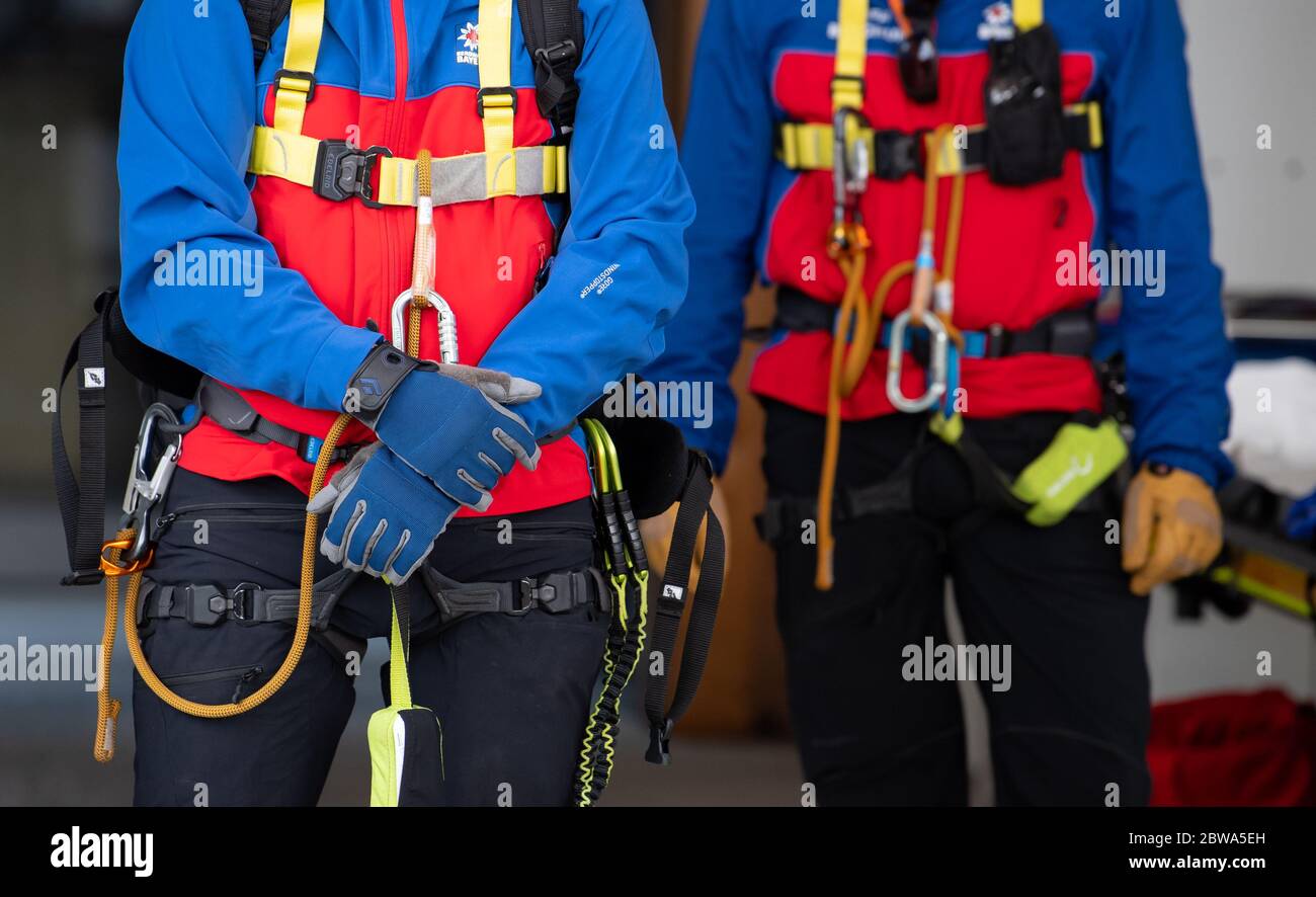 29 May 2020, Bavaria, Bad Tölz: Members of the mountain rescue service ...