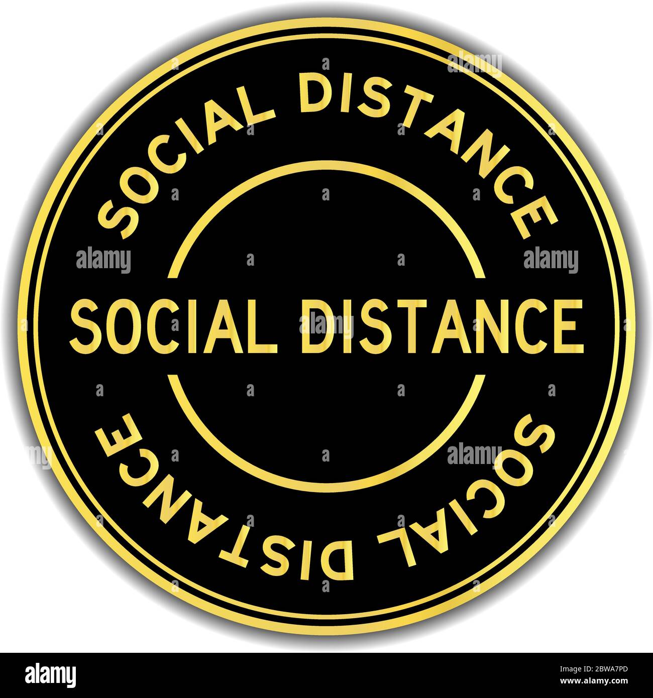Black and gold color round sticker with word social distance on white ...