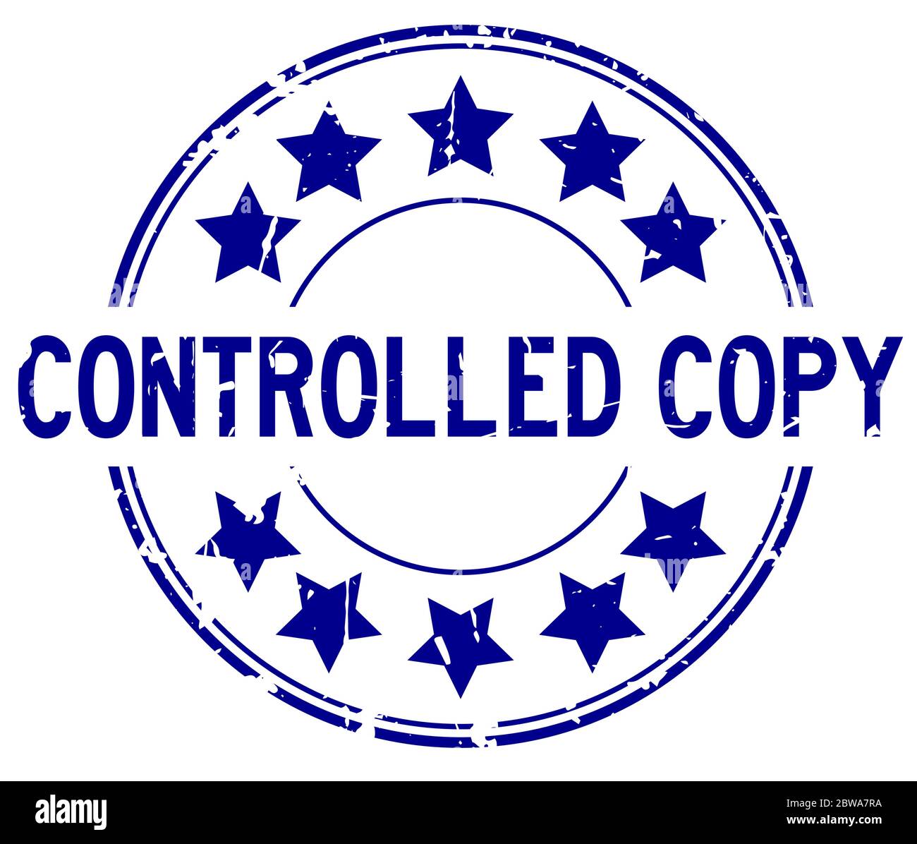 Grunge blue controlled copy word with star icon round rubber seal stamp on white background ...