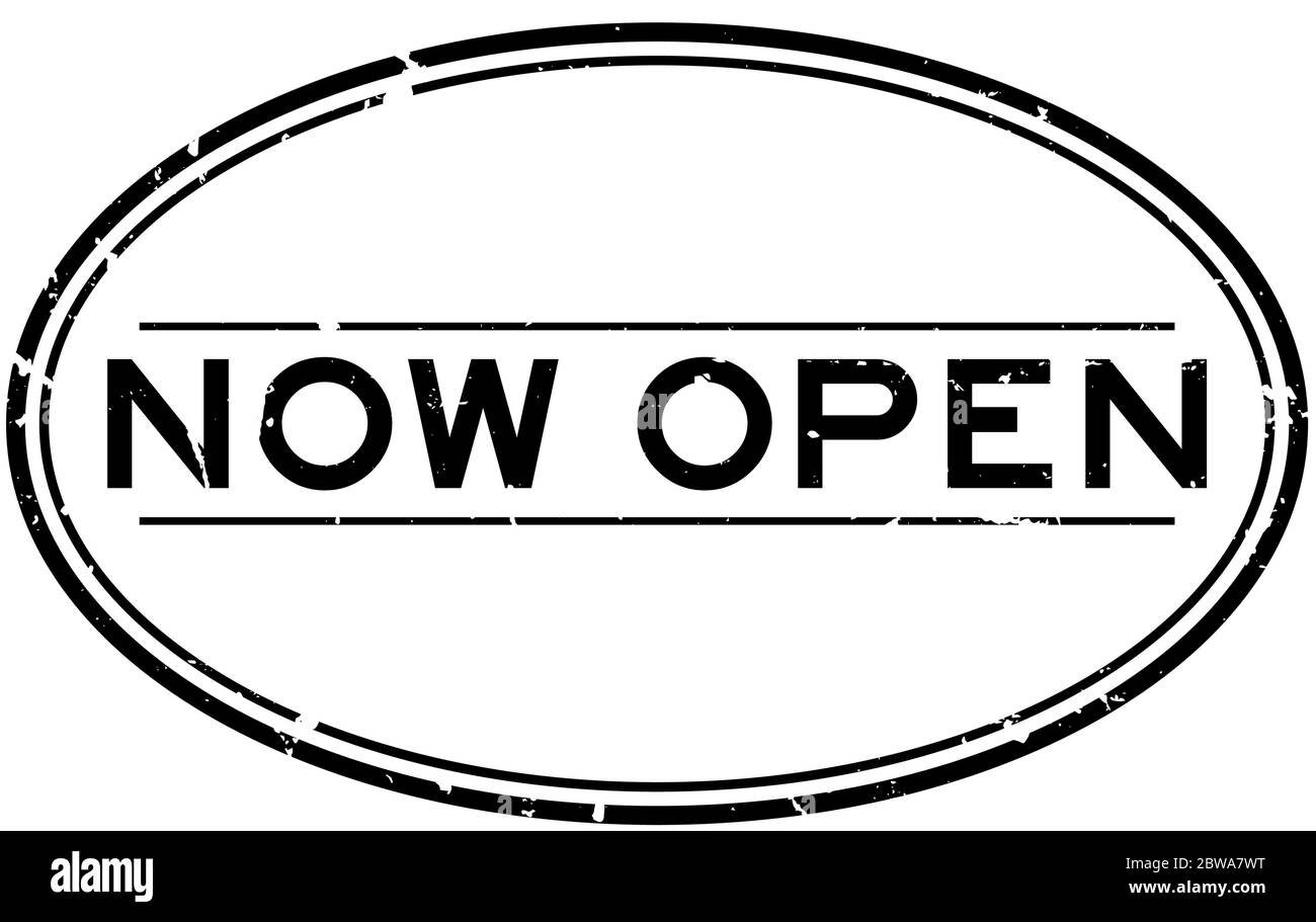 Grunge black now open word oval rubber seal stamp on white background ...