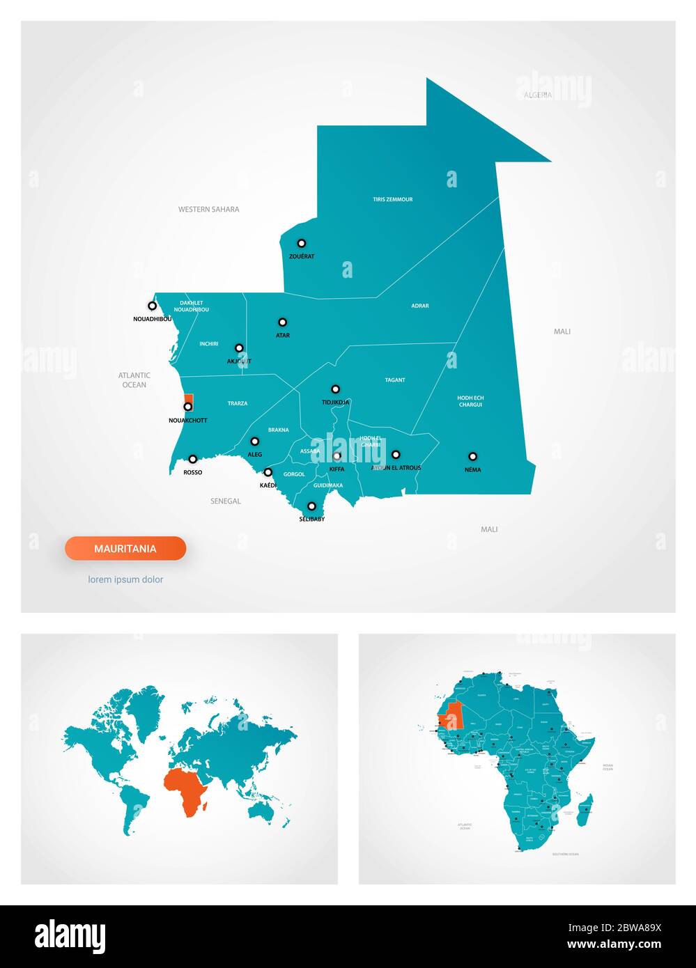 Editable template of map of Mauritania with marks. Mauritania on world ...