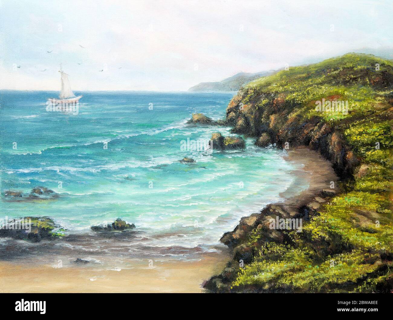 Original oil painting of Ocean,ship and cliffs on canvas.Modern Impressionism Stock Photo - Alamy