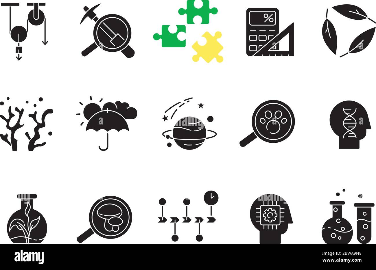 Formal and pure science black glyph icons set on white space Stock ...