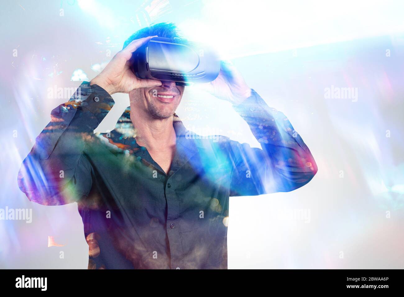 Male business using black virtual reality headset glasses Stock Photo ...