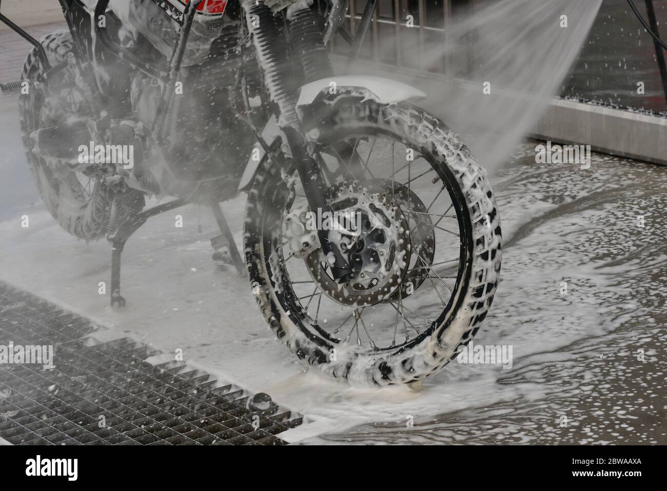 Motorcycle washing with cleaning foam. Pure moto bike. Enduro ...